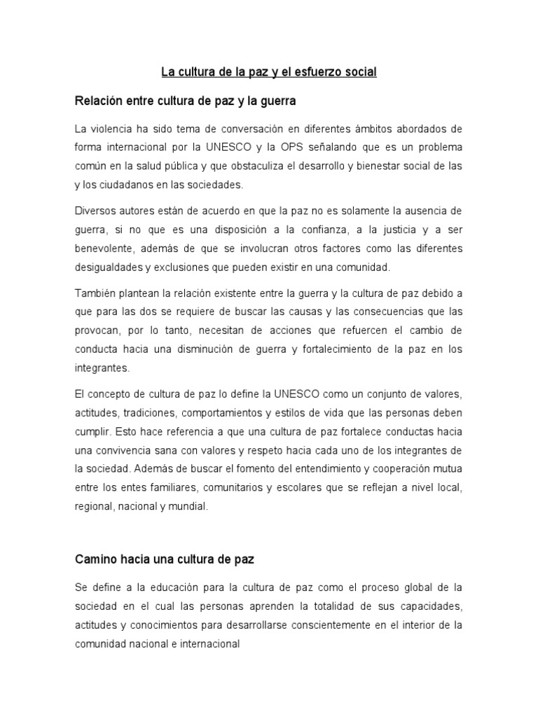 La Cultura de La Paz y El Esfuerzo Social | PDF | Paz | Comportamiento