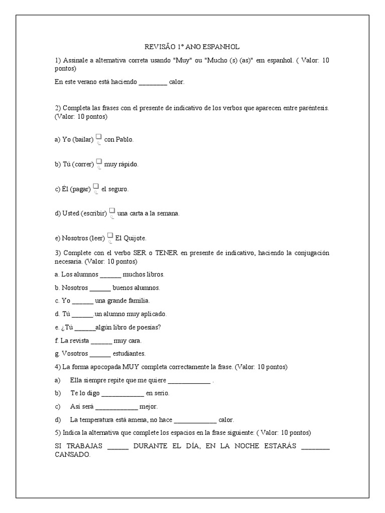 Revisão 1° Ano Espanhol 3° Bimestre | PDF