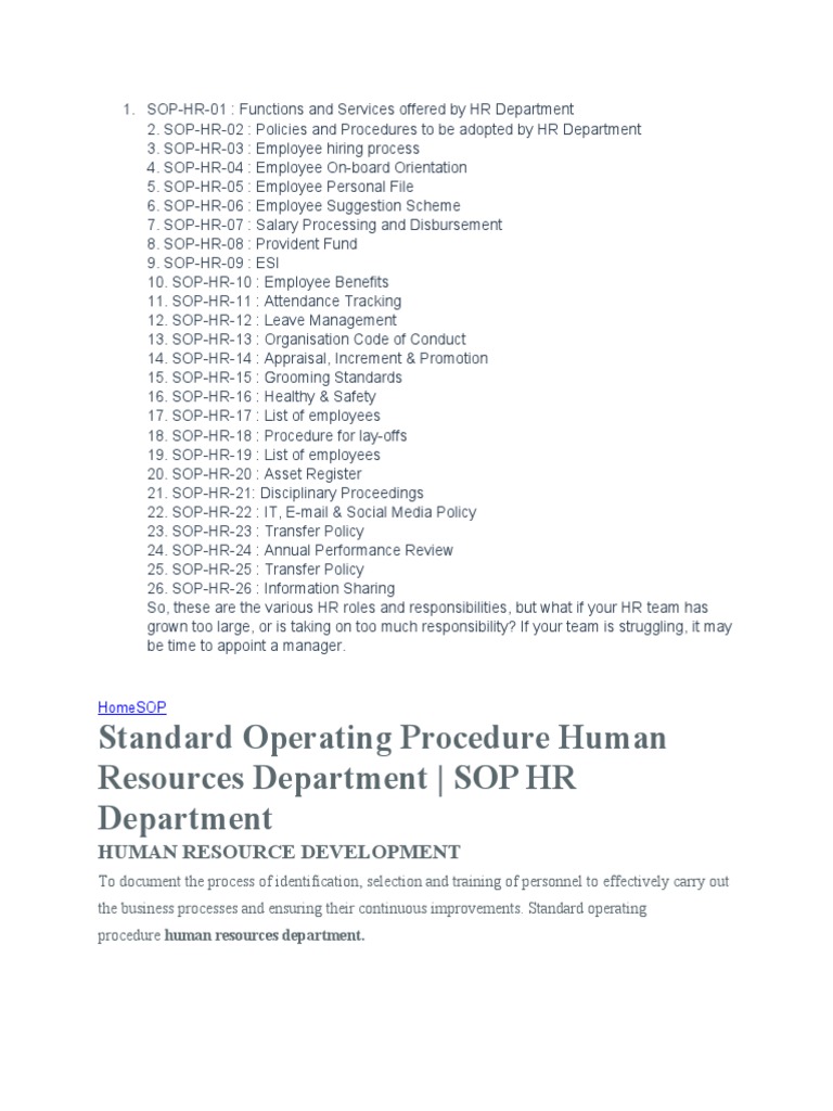 Standard Operating Procedure Human Resources Department - SOP HR Department | PDF | Human ...