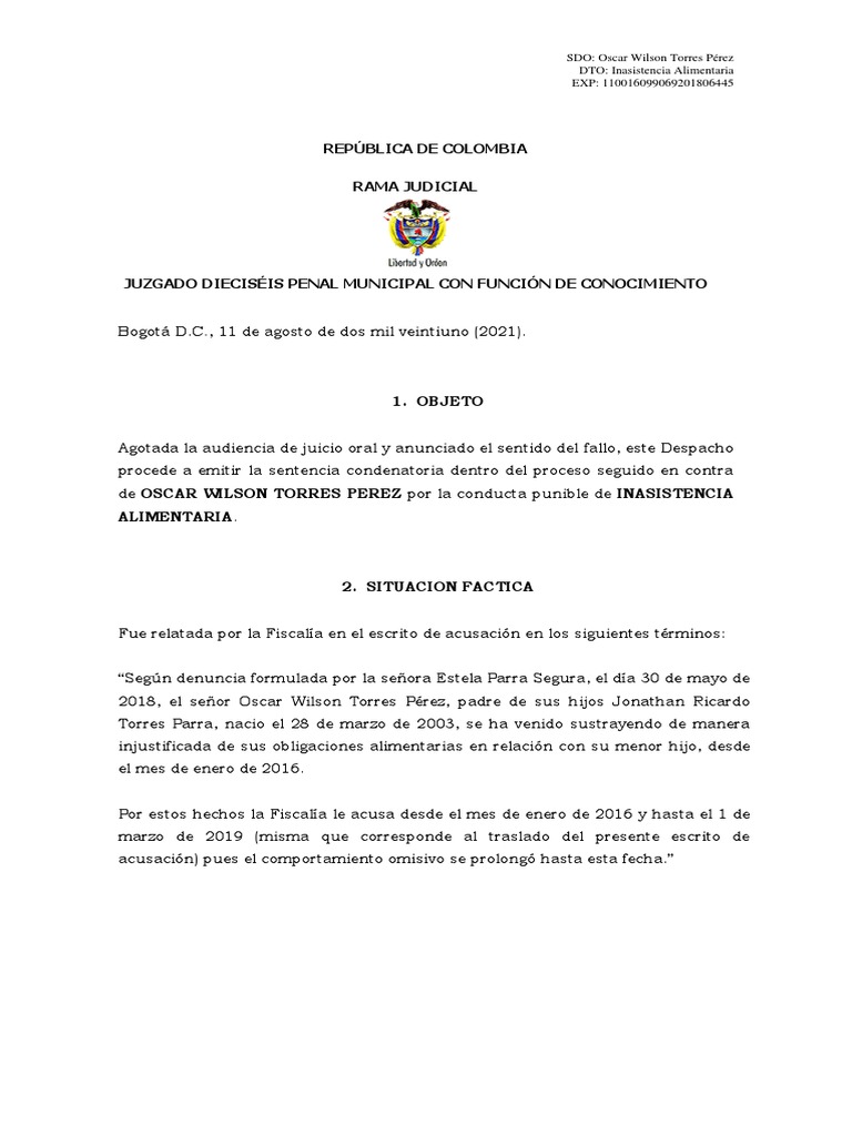 Sentencia OSCAR WILSON TORRES PEREZ Inasistencia Absolutoria | PDF ...