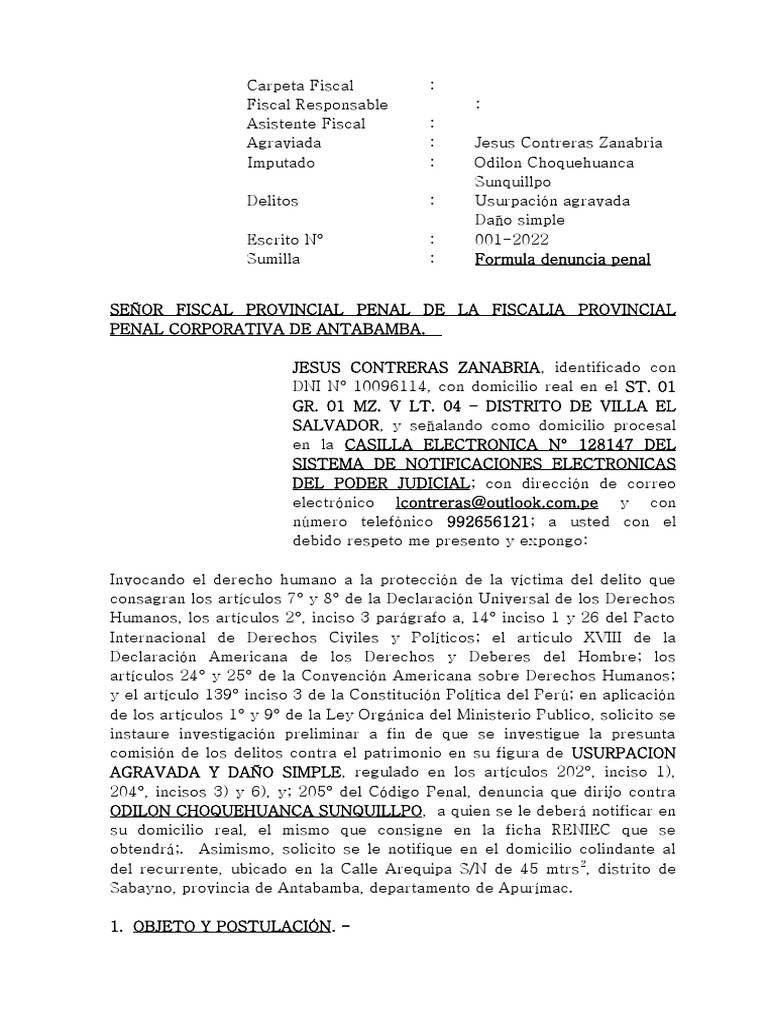 Modelo de Denuncia Por Usurpacion y Danos | PDF | Derecho penal | Propiedad