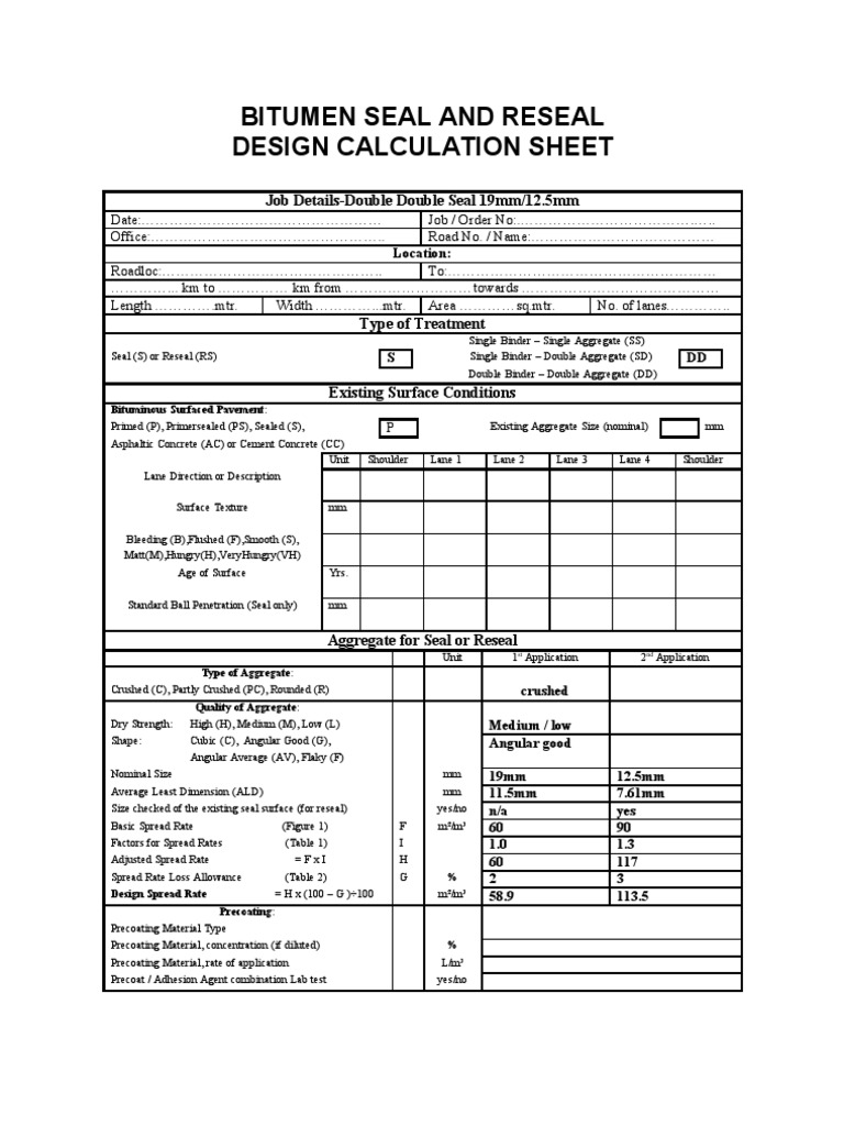 Bitumen Seal and Reseal Design Calculation Sheet: Job Details-Double ...