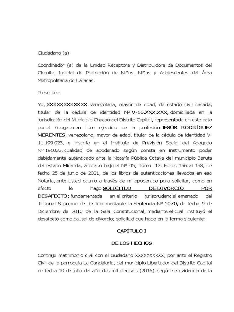 Modelo de Solicitud de Divorcio Por Desafecto (Sentencia 1070 ...