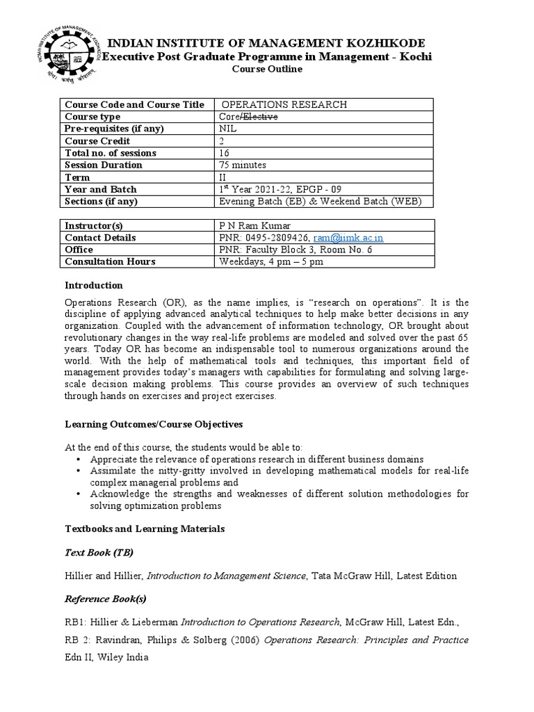 (OR) - EPGP Kochi - AMBA Course Outline | PDF | Operations Research ...