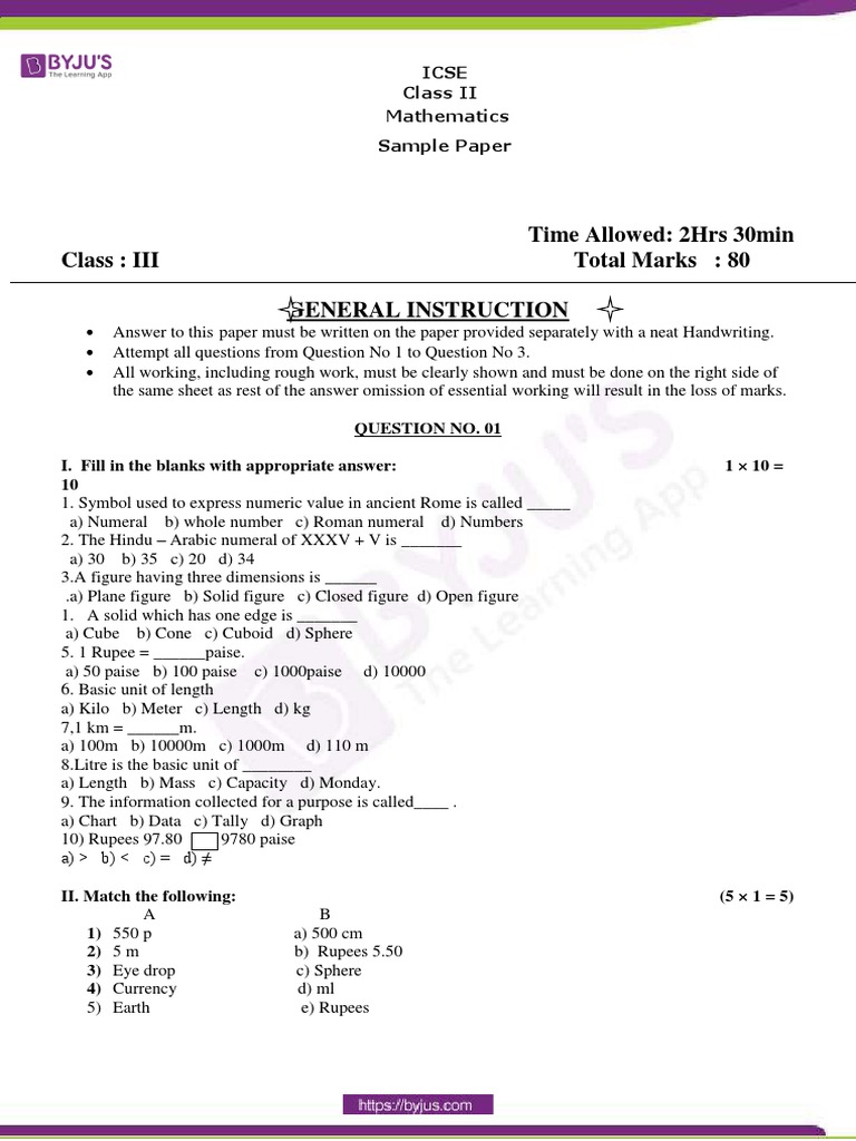 ICSE Class 3 Maths Question Paper | PDF | Shape | Length
