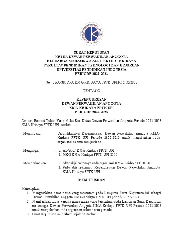No. 02 SK Ketua Dpa Kma-Kridaya FPTK Upi Periode 2022-2023 | PDF
