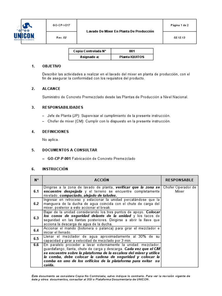 GO-CP-I-017 Lavado de Mixer en Planta de Producción Rev. 02 IQUITOS | PDF