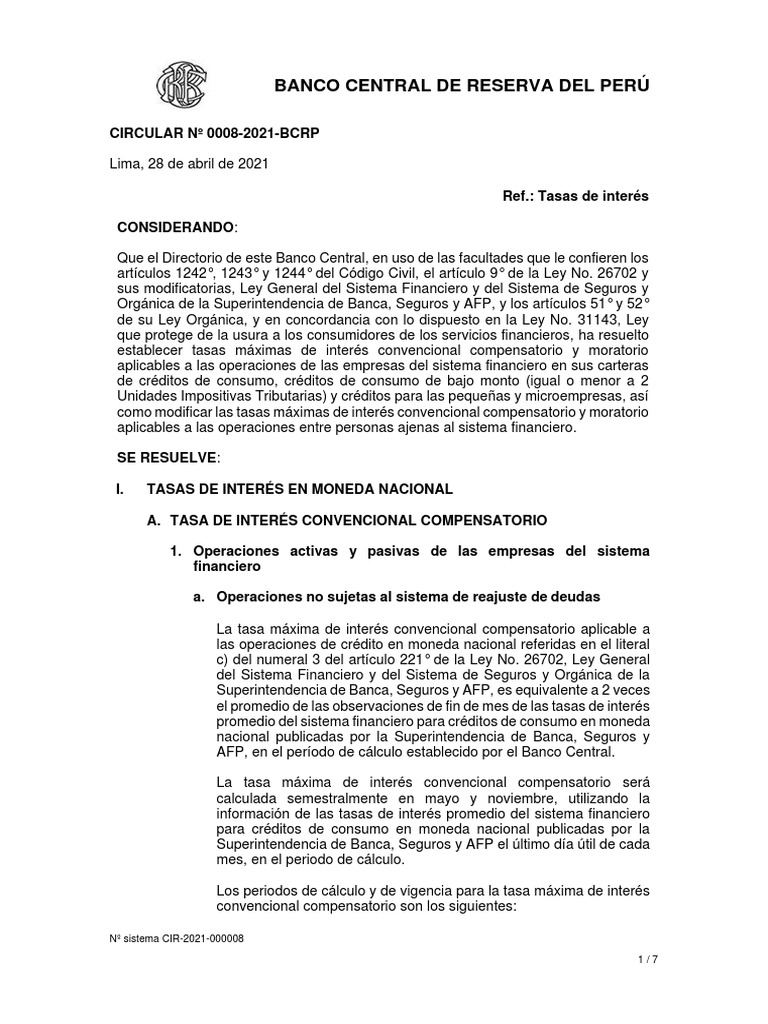 Tasa Máxima de Interés BCRP 2021 | PDF | Bancos | Interés
