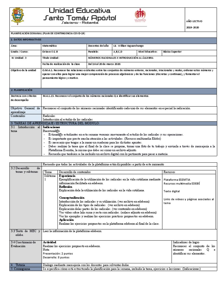 Plan de Contingencia Semana 1 Octavo | PDF | Número racional | Multimedia