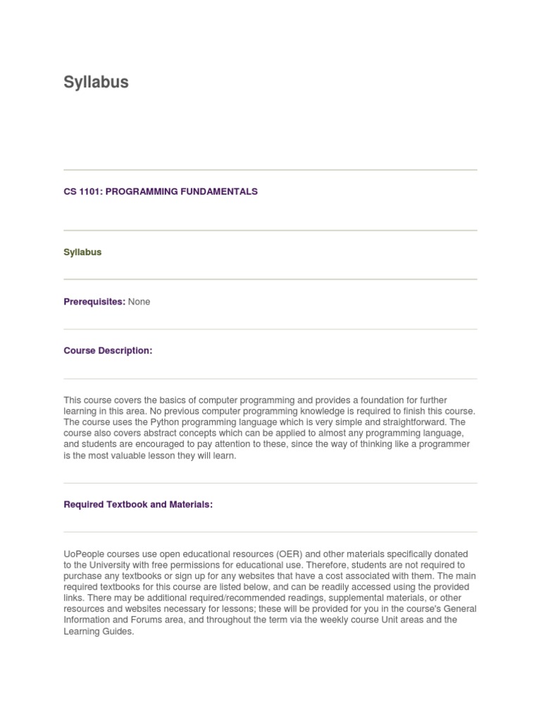 CS 1101 Programming Fundamentals - Syllabus | PDF | Test (Assessment ... CS 1101 Programming Fundamentals - Syllabus | PDF | Test (Assessment ...