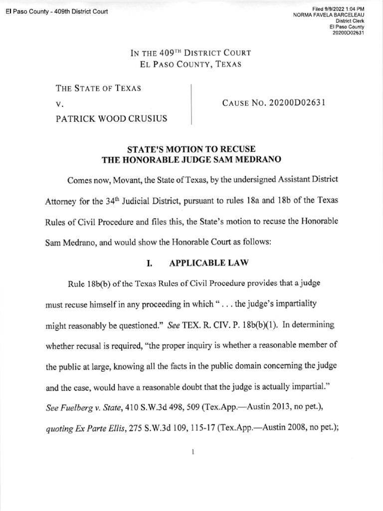 Patrick Wood Crusius State's Motion To Recuse The Honorable Judge Sam ...