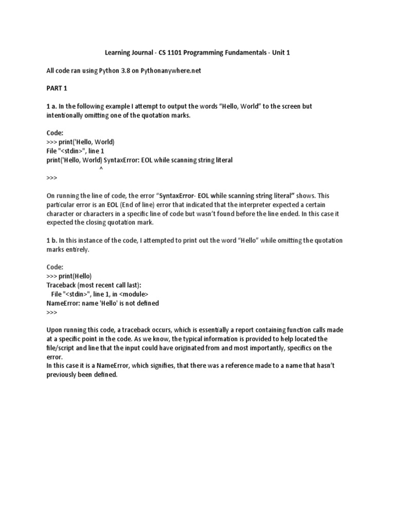 Learning Journal - CS1101 Programming Fundamentals - Unit 1 | PDF ...