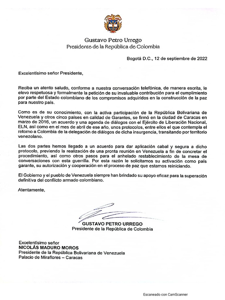 Carta Del Presidente Gustavo Petro A Nicolás Maduro | PDF