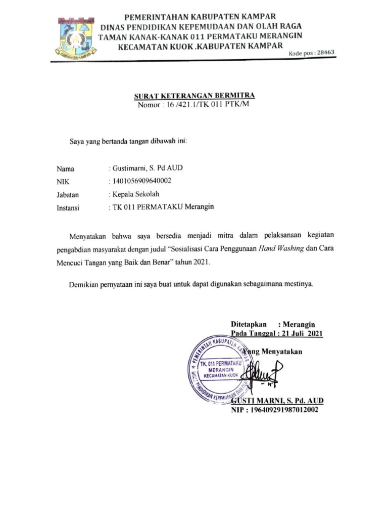 Surat Keterangan Bermitra Dengan TK 011 Permataku Merangin | PDF