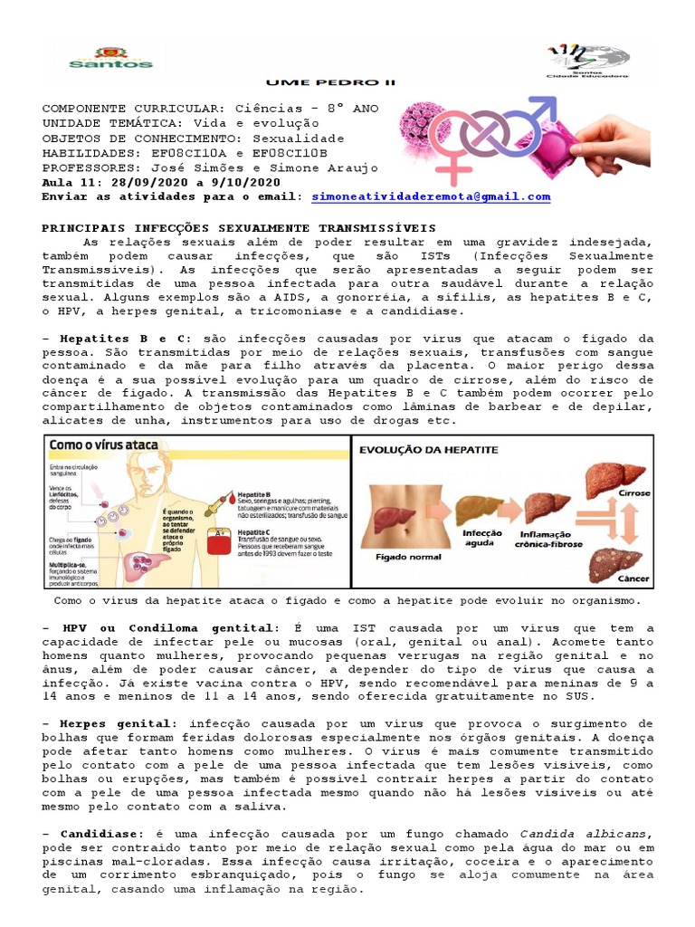 Atividade de Ciências para o 8° Ano | PDF | Infecção sexualmente ...