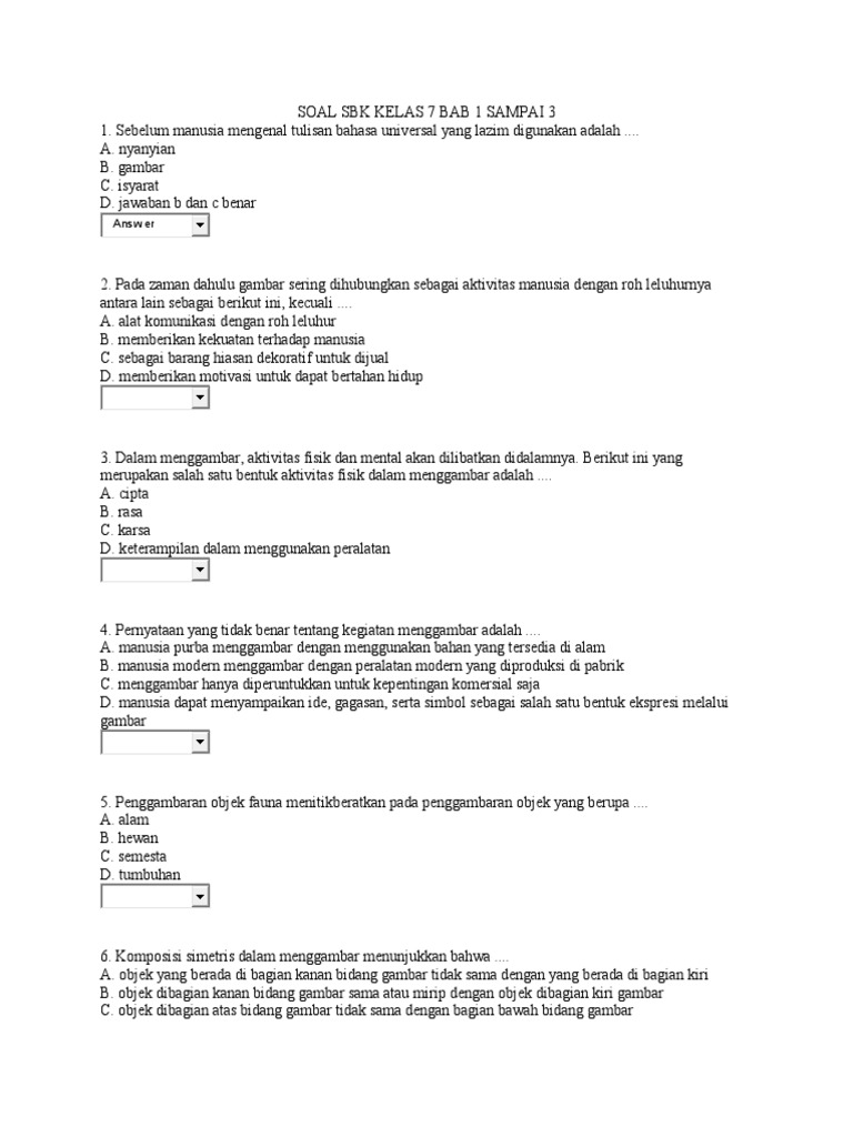 Soal Sbk Kelas 7 Bab 1 Sampai 3 Pdf