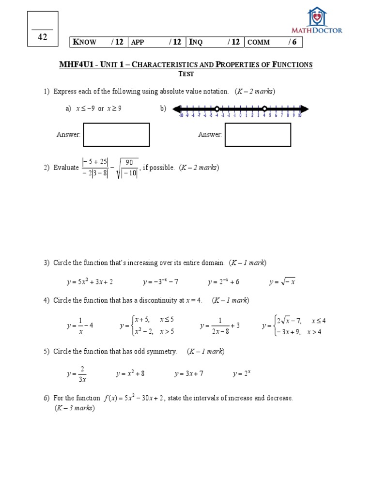 Chapter 1 Unit Test - Functions - Characteristics and Properties | PDF ...
