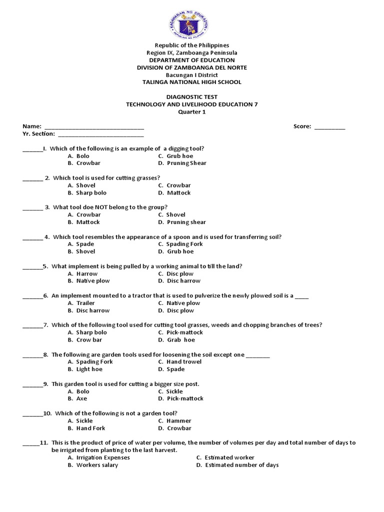 Diagnostic Test TLE 7 | PDF | Agriculture | Area