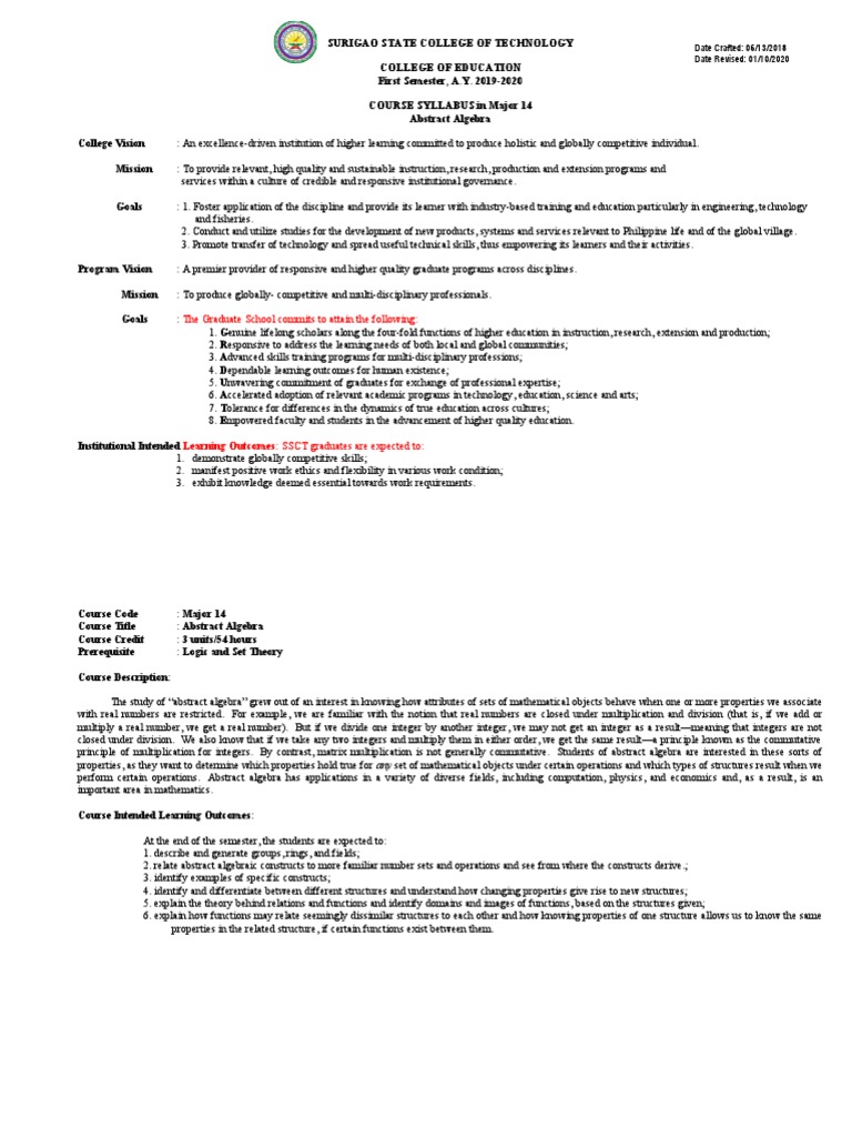 Abstract Algebra-Syllabus | PDF | Ring (Mathematics) | Group (Mathematics)