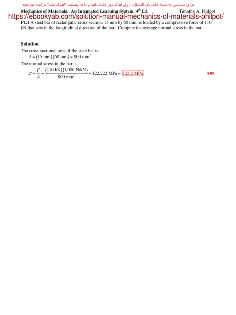 Sample For Solution Manual Mechanics of Materials 4th Edition Timothy Philpot | PDF | Stress ...