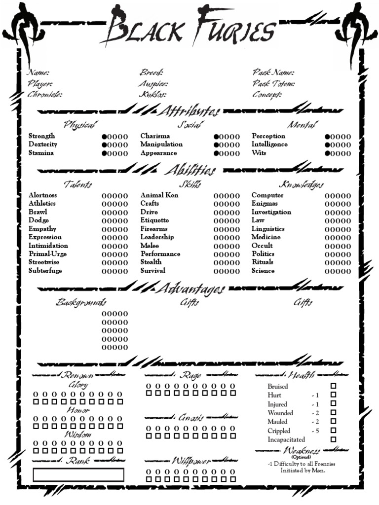 WOD - Werewolf - The Apocalypse - Character Sheet - Black Furies | PDF