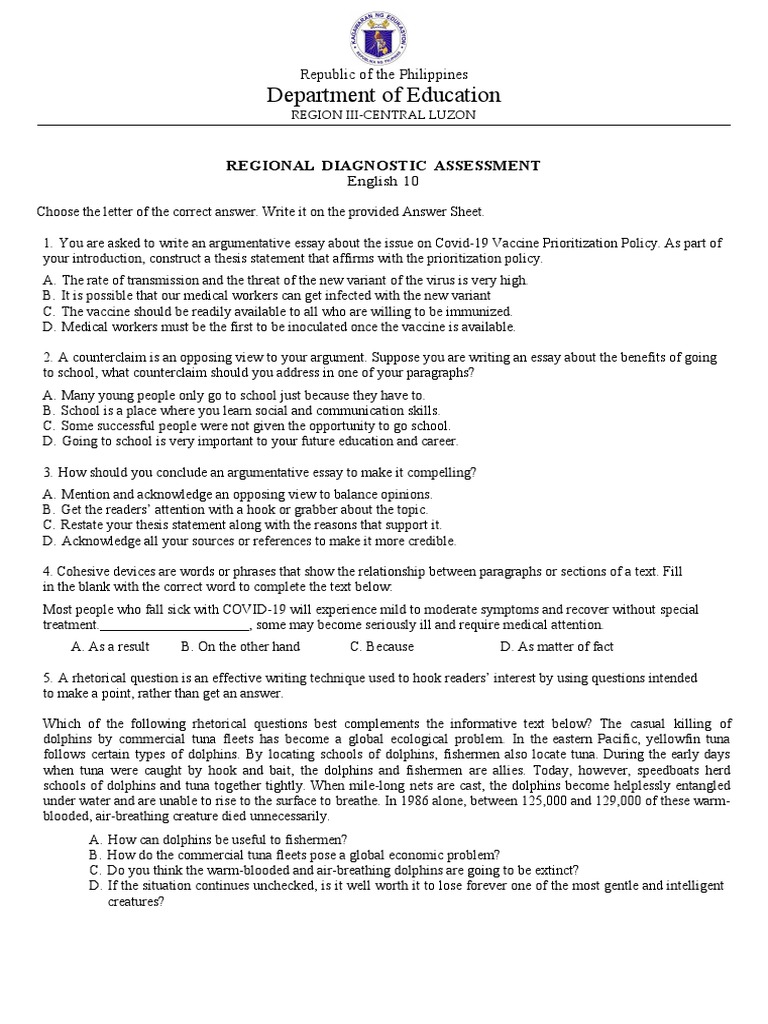 Regional Diagnostic Test - English 10 | PDF