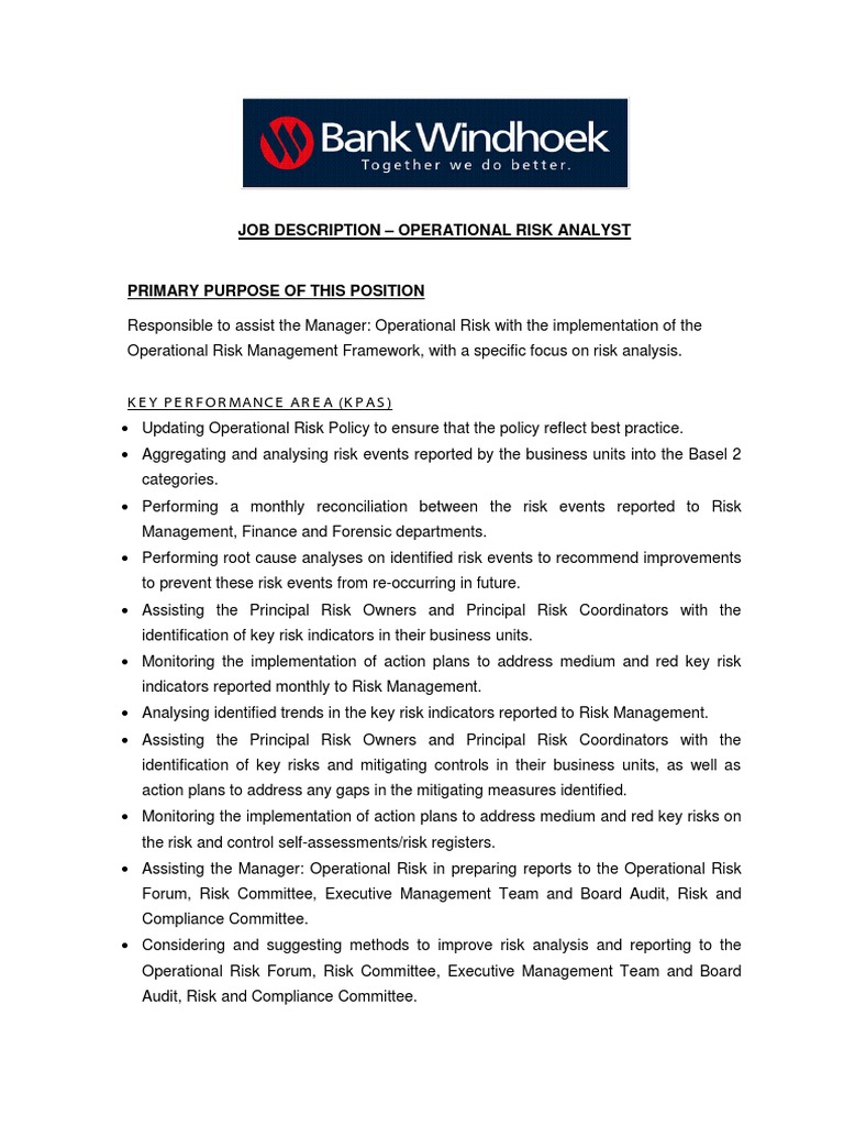 JD - Risk Operational Analyst Position | PDF | Risk | Risk Management