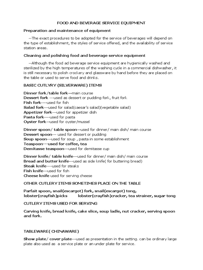 Food and Beverage Service Equipment | PDF | Tableware | Menu