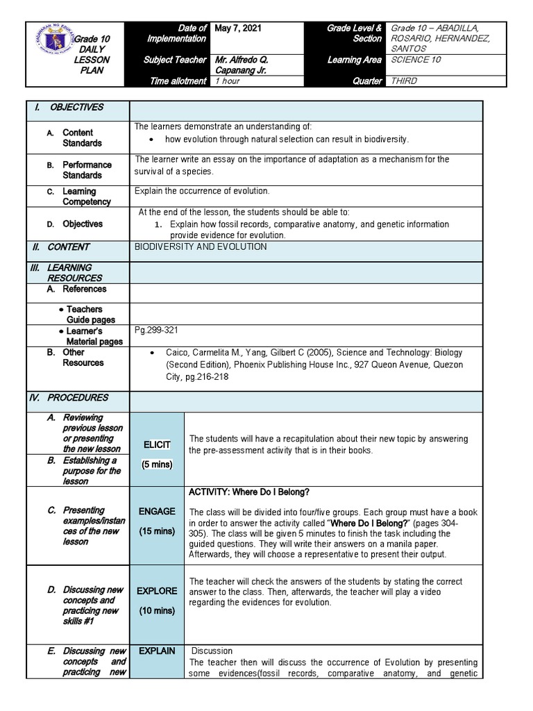 Demo Lesson Plan 2021 | PDF | Learning | Evolution