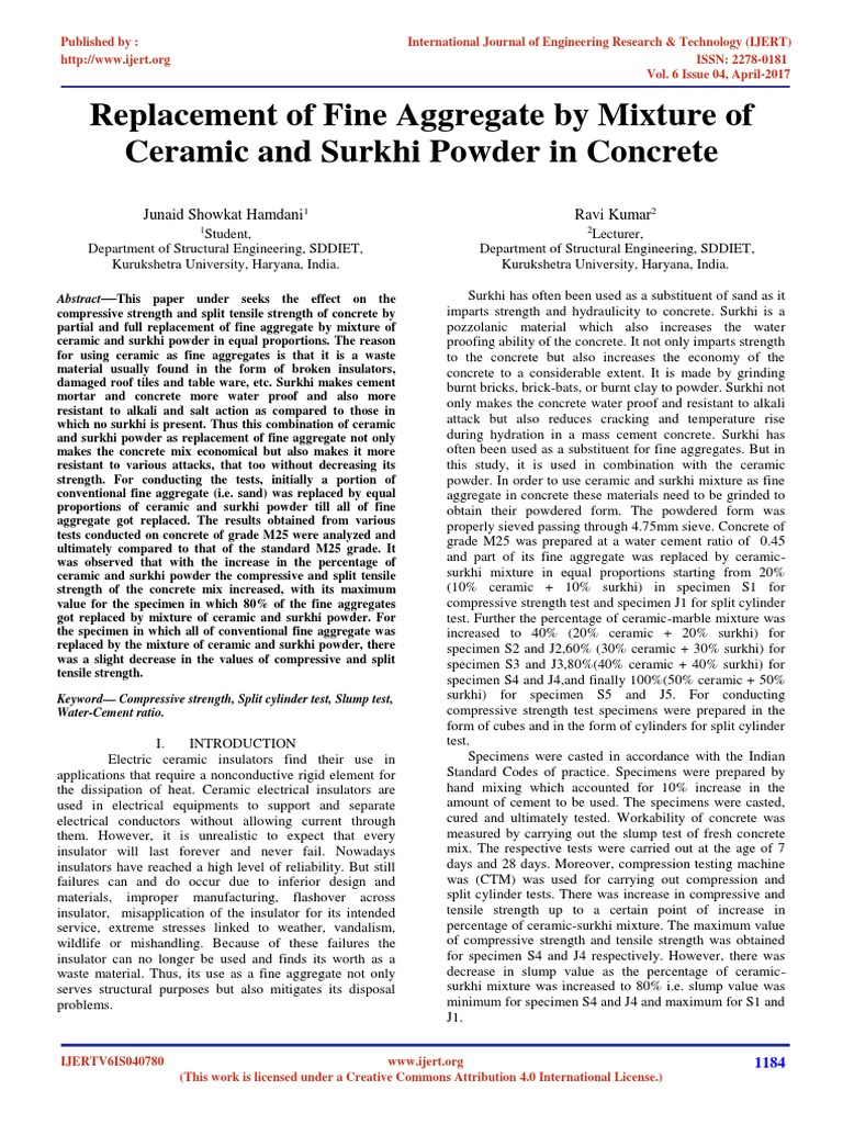 Replacement of Fine Aggregate by Mixture of Ceramic and Surkhi Powder ...