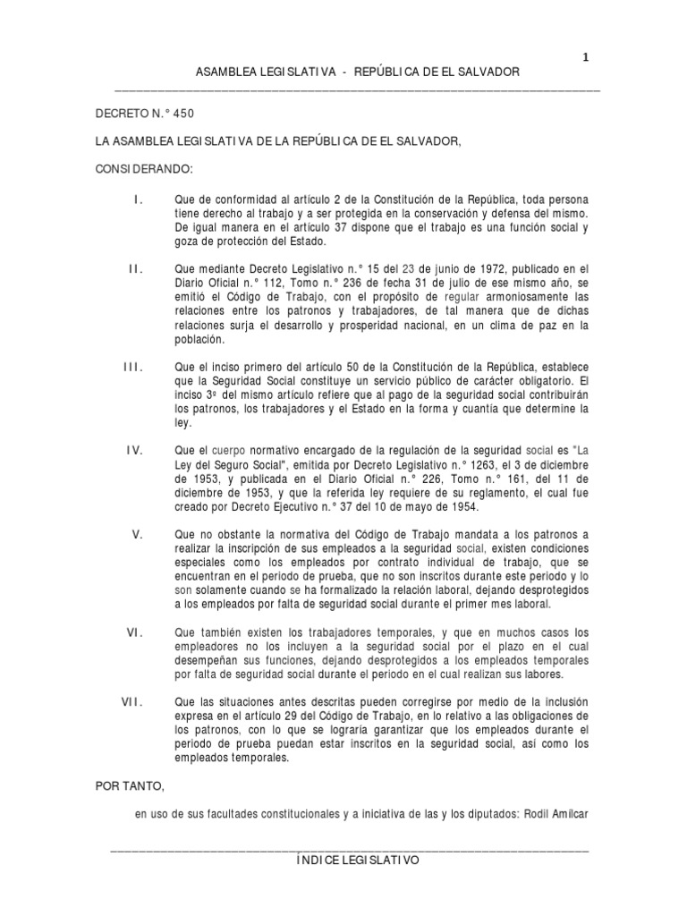 Reforma Art 29 Codigo de Trabajo | PDF | El Salvador | Gobierno