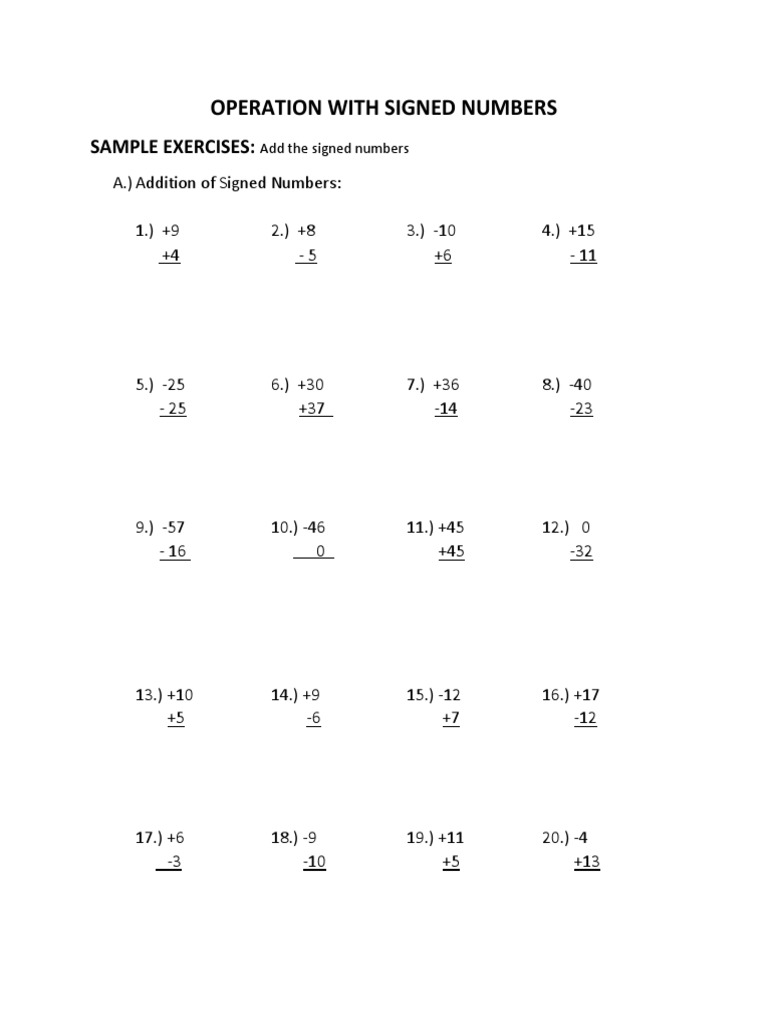 Operation With Signed Numbers - Sample Exercises | PDF | Multiplication | Arithmetic