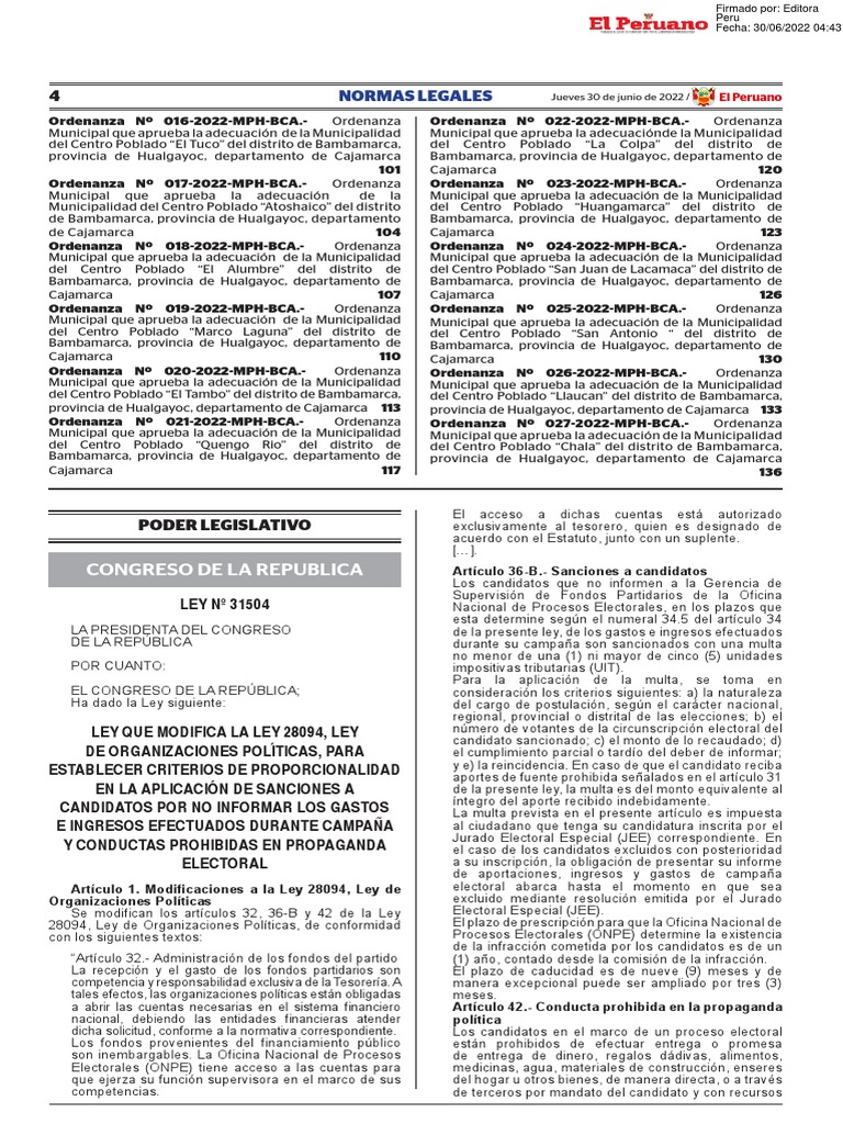 Ley 31504 - Que Modifica Ala Ley 28094 Ley Op. | PDF | Multa (pena ...