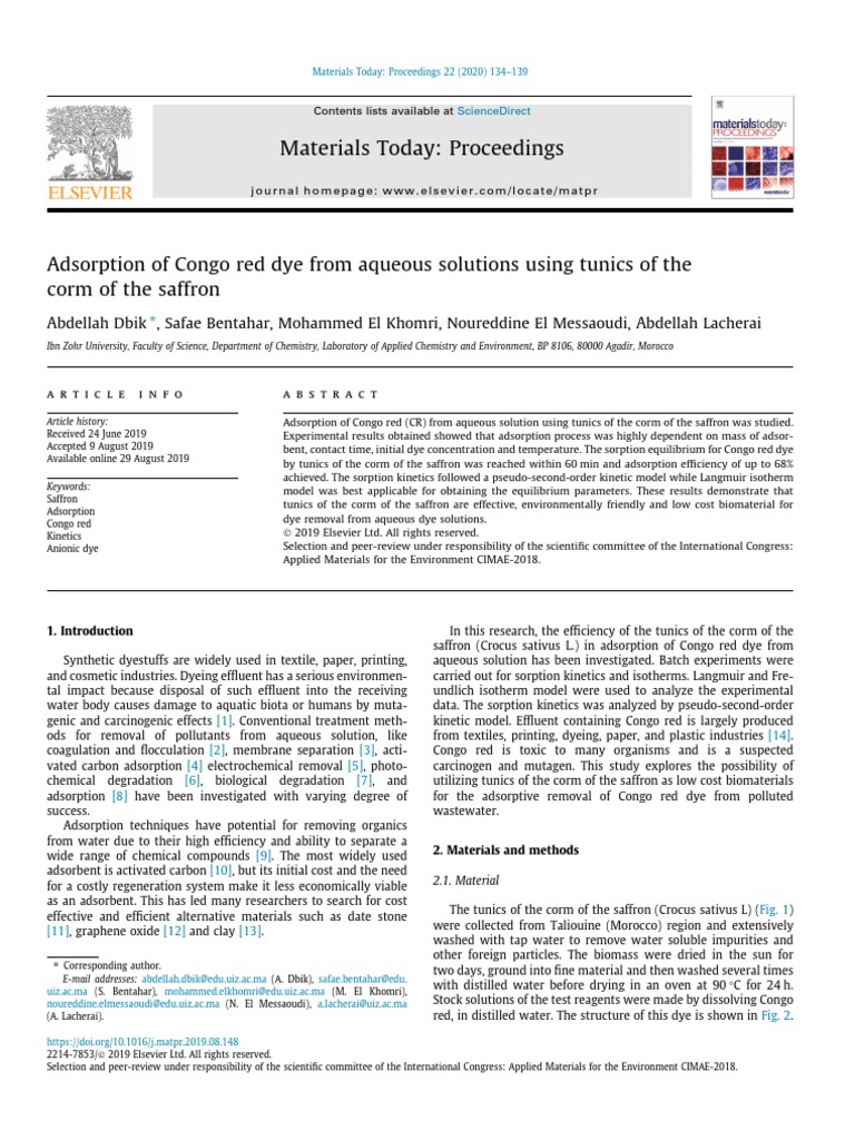 Adsorption of Congo Red Dye From Aqueous Solutions Using Tunics of The | PDF | Adsorption ...