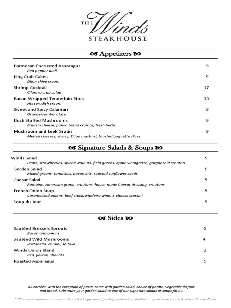 Winds Fall-Winter 2019 - 2020 Dinner Menu | PDF | Salad | Sauce