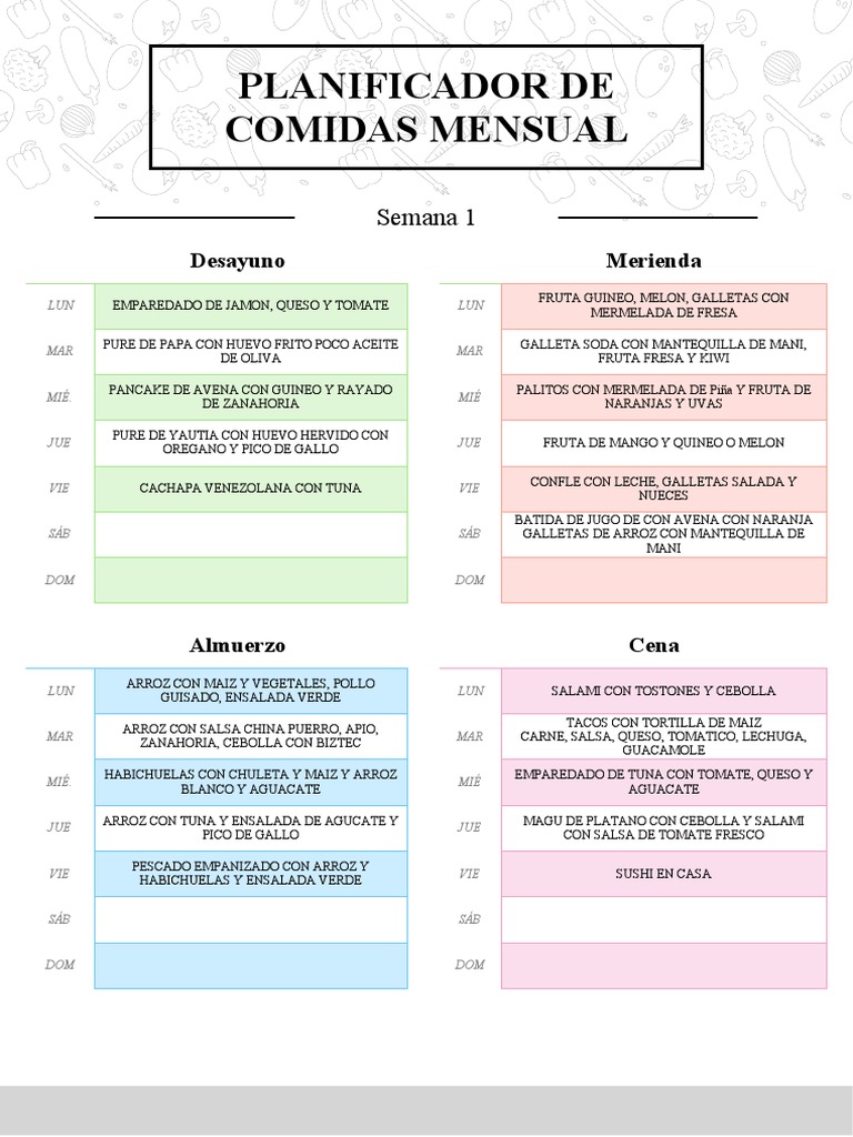 Planificador de Comidas Mensual | PDF | Cocina | Cocinando
