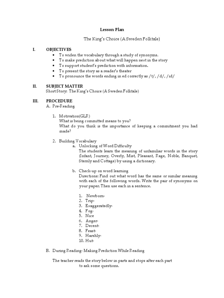The King’s Choice: Lesson Plan for 7th Grade | PDF