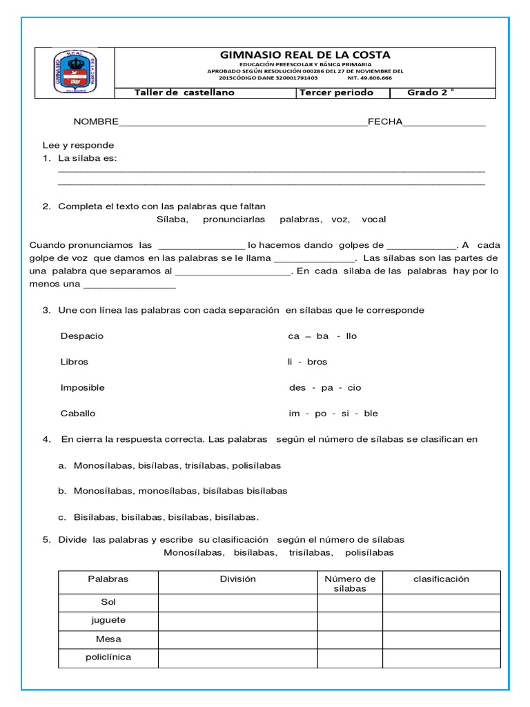 TALLER TERCER PERIODO GRADO 2° | PDF | Sílaba | Fonética