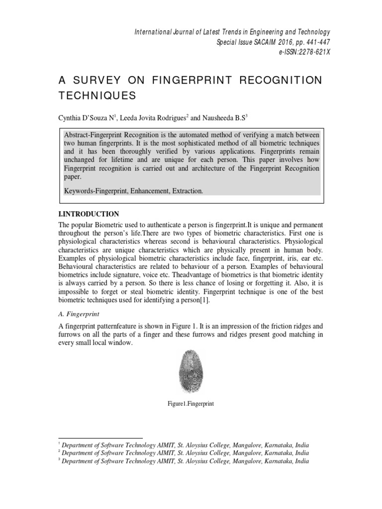 Fingerprint Recognition Techniques Survey | PDF | Fingerprint | Biometrics