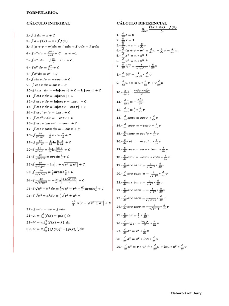 Formulario Calculo Diferencial e Integral | PDF