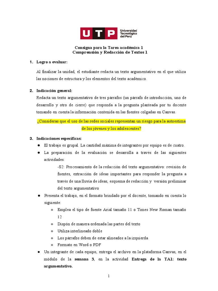 GC N01I TA1Consigna 22C2A | PDF | Adolescencia | Autoestima