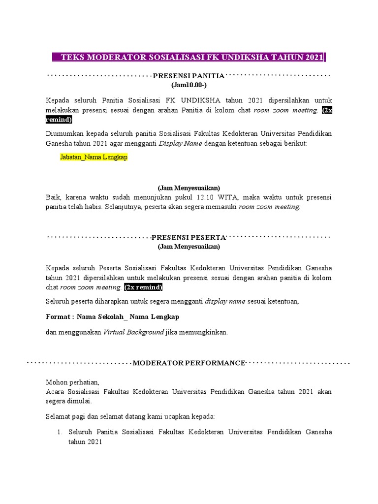 Teks Moderator Sosialisasi 2021 | PDF
