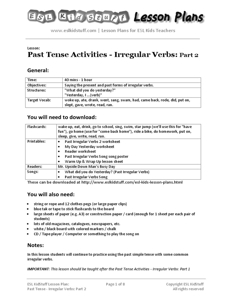 Past Tense Irregular Verbs Lesson Plan 02 | PDF | English As A Second Or Foreign Language ...