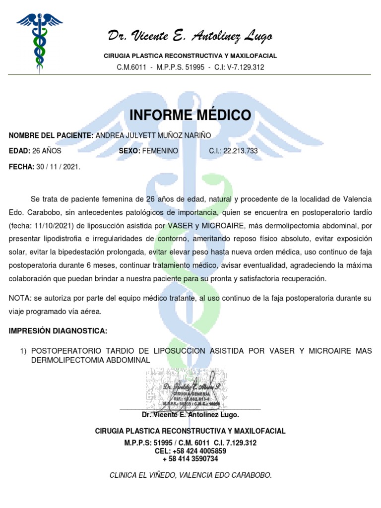 Informe Medico DR Vicente Antolinez PX Andrea Muñoz-1 | PDF