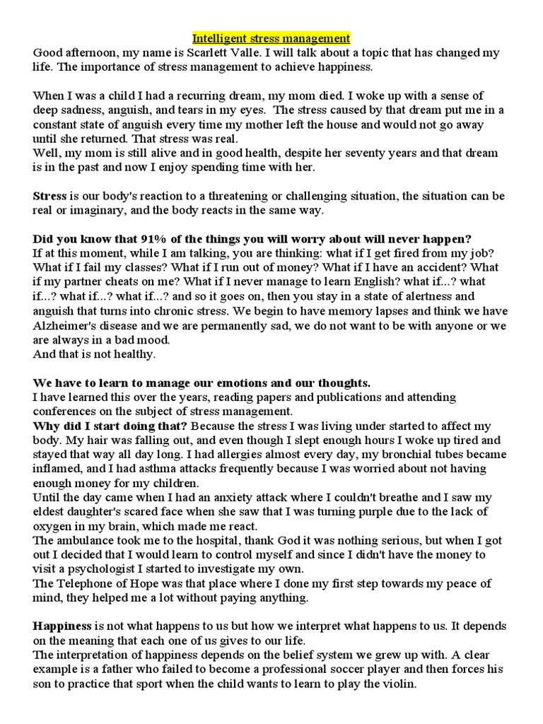 MY SPEECH-Intelligent Stress Management | PDF | Stress (Biology) | Emotions
