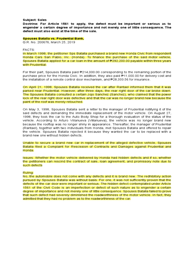 Batalla vs. Prudential: No Hidden Defects | PDF | Business Law ...