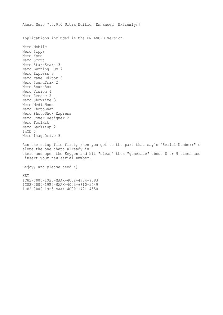 SERIAL KEY Ahead Nero 7.5.9.0 Ultra Edition Enhanced Extremlym | PDF