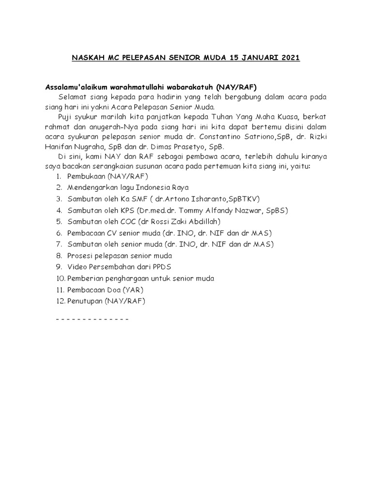 Naskah Fix MC Pelepasan Senior Muda 15 Januari 2021 | PDF