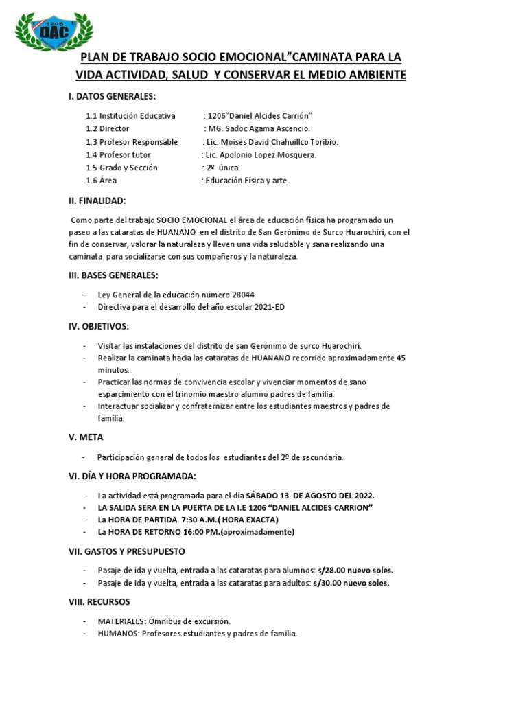 Plan de Trabajo de Paseo Recreacional | PDF