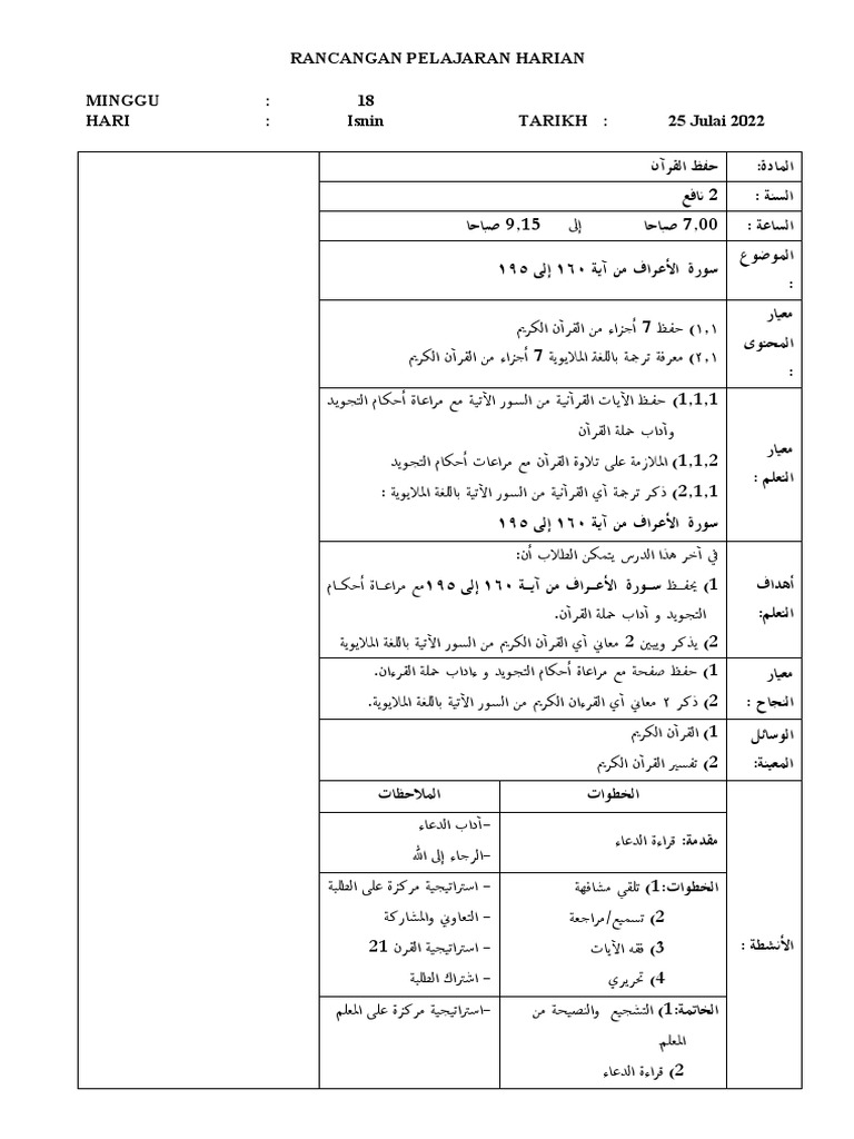 Rancangan Pelajaran Harian Minggu: 18 Hari: Isnin Tarikh: 25 Julai 2022 | PDF